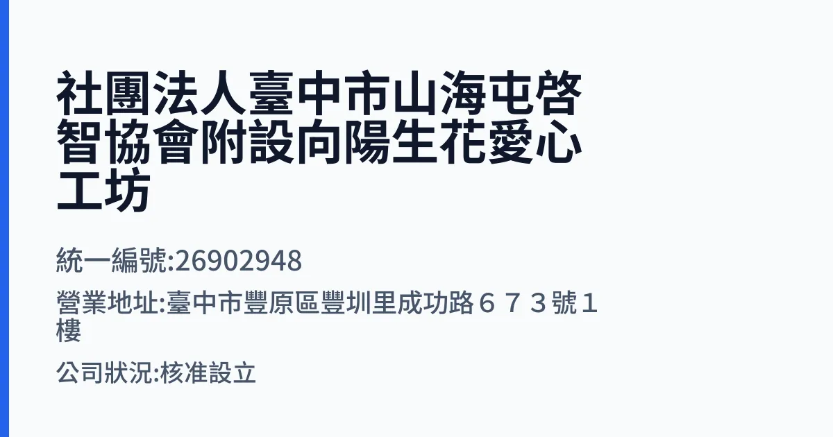 社團法人臺中市山海屯啓智協會附設向陽生花愛心工坊 - 統編 26902948（臺中市） 公司登記資料與營業項目詳細圖表