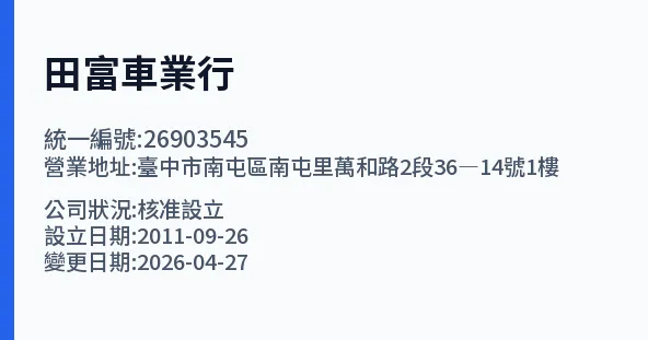 田富車業行的照片-統編 26903545(臺中市) 公司登記資料與營業項目詳細圖表