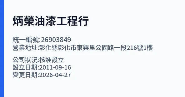 炳榮油漆工程行的照片-統編 26903849(彰化縣) 公司登記資料與營業項目詳細圖表