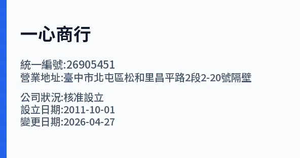 一心商行的照片-統編 26905451(臺中市) 公司登記資料與營業項目詳細圖表