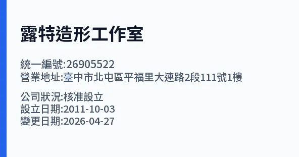 露特造形工作室的照片-統編 26905522(臺中市) 公司登記資料與營業項目詳細圖表