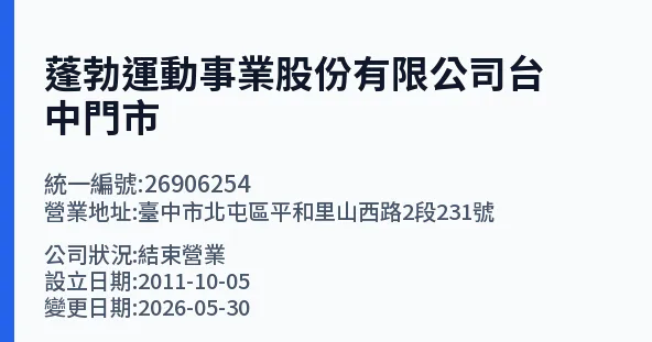蓬勃運動事業股份有限公司台中門市的照片-統編 26906254(臺中市) 公司登記資料與營業項目詳細圖表