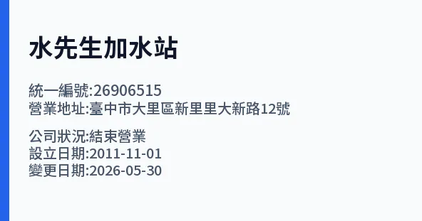水先生加水站的照片-統編 26906515(臺中市) 公司登記資料與營業項目詳細圖表