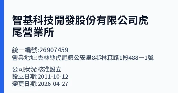 智基科技開發股份有限公司虎尾營業所的照片-統編 26907459(雲林縣) 公司登記資料與營業項目詳細圖表
