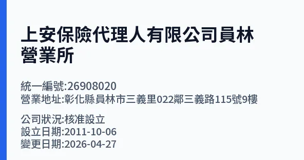 上安保險代理人有限公司員林營業所的照片-統編 26908020(彰化縣) 公司登記資料與營業項目詳細圖表