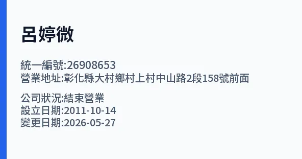 呂婷微的照片-統編 26908653(彰化縣) 公司登記資料與營業項目詳細圖表