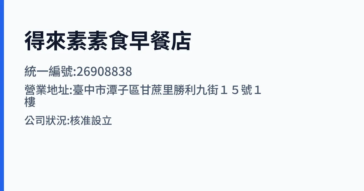 得來素素食早餐店 - 統編 26908838(臺中市) 公司登記資料與營業項目詳細圖表