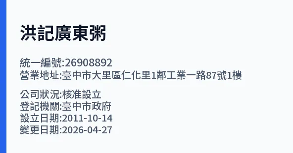 洪記廣東粥的照片-統編 26908892(臺中市) 公司登記資料與營業項目詳細圖表