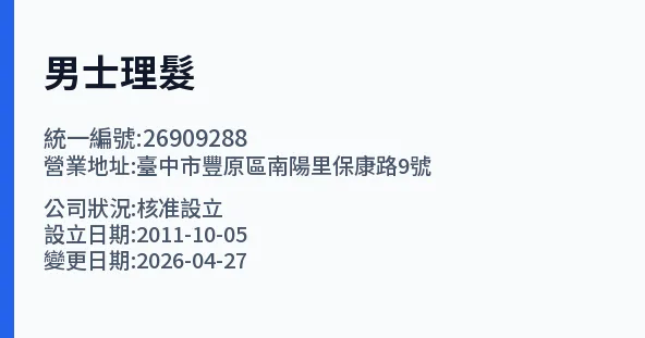 男士理髮的照片-統編 26909288(臺中市) 公司登記資料與營業項目詳細圖表