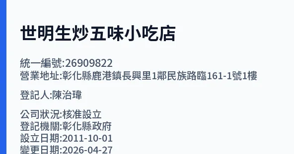 世明生炒五味小吃店的照片-統編 26909822(彰化縣) 公司登記資料與營業項目詳細圖表