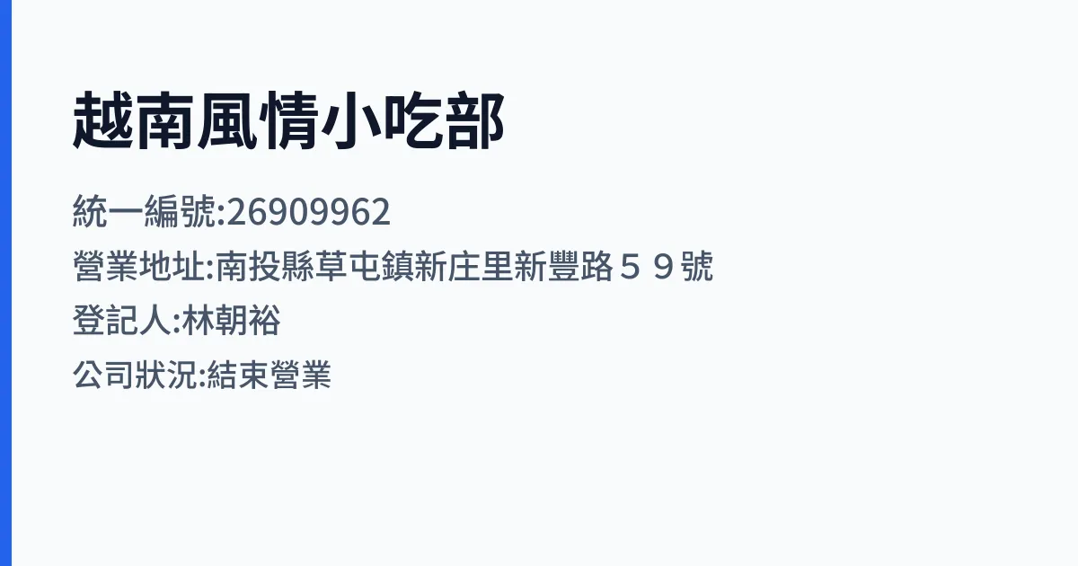 越南風情小吃部 - 統編 26909962(南投縣) 公司登記資料與營業項目詳細圖表
