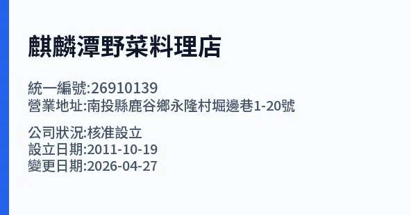 麒麟潭野菜料理店的照片-統編 26910139(南投縣) 公司登記資料與營業項目詳細圖表