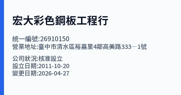 宏大彩色鋼板工程行的照片-統編 26910150(臺中市) 公司登記資料與營業項目詳細圖表