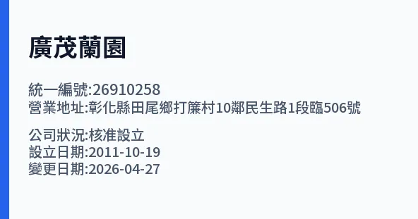 廣茂蘭園的照片-統編 26910258(彰化縣) 公司登記資料與營業項目詳細圖表