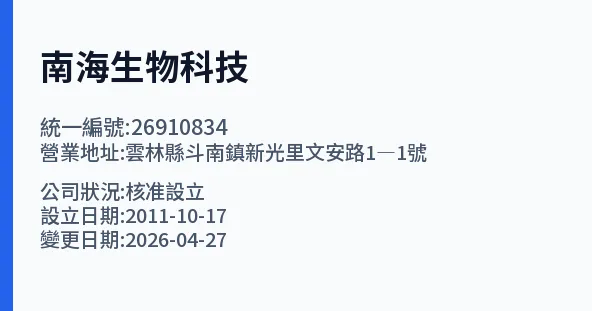 南海生物科技的照片-統編 26910834(雲林縣) 公司登記資料與營業項目詳細圖表