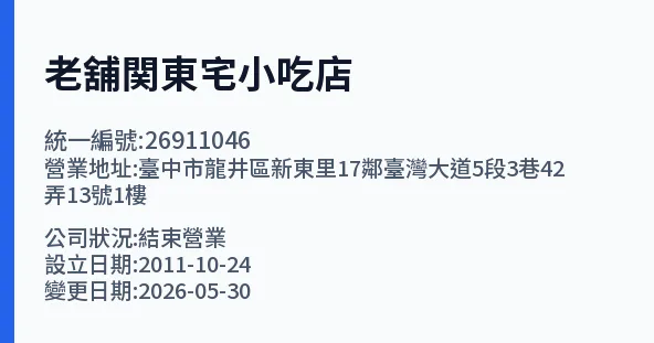 老舖関東宅小吃店的照片-統編 26911046(臺中市) 公司登記資料與營業項目詳細圖表
