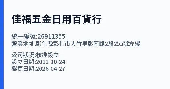 佳福五金日用百貨行的照片-統編 26911355(彰化縣) 公司登記資料與營業項目詳細圖表
