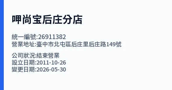 呷尚宝后庄分店的照片-統編 26911382(臺中市) 公司登記資料與營業項目詳細圖表