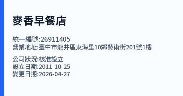 麥香早餐店的照片-統編 26911405(臺中市) 公司登記資料與營業項目詳細圖表