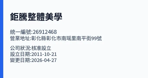鉅騰整體美學的照片-統編 26912468(彰化縣) 公司登記資料與營業項目詳細圖表