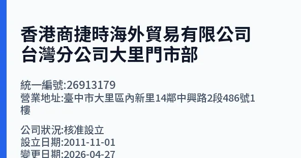 香港商捷時海外貿易有限公司台灣分公司大里門市部的照片-統編 26913179(臺中市) 公司登記資料與營業項目詳細圖表