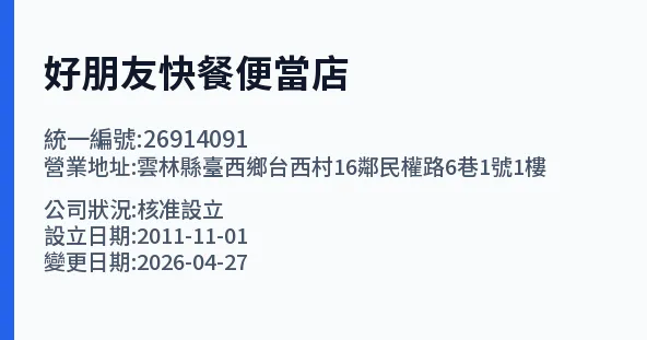 好朋友快餐便當店的照片-統編 26914091(雲林縣) 公司登記資料與營業項目詳細圖表