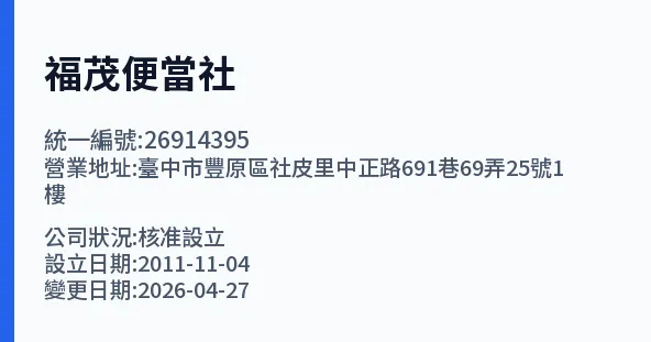 福茂便當社的照片-統編 26914395(臺中市) 公司登記資料與營業項目詳細圖表