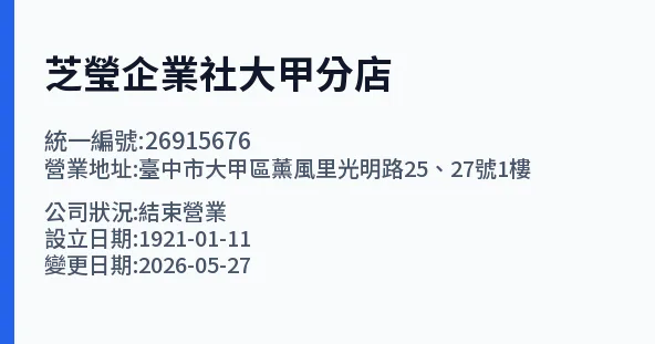 芝瑩企業社大甲分店的照片-統編 26915676(臺中市) 公司登記資料與營業項目詳細圖表