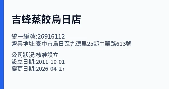 吉蜂蒸餃烏日店的照片-統編 26916112(臺中市) 公司登記資料與營業項目詳細圖表