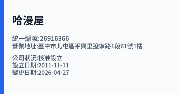 哈漫屋的照片-統編 26916366(臺中市) 公司登記資料與營業項目詳細圖表