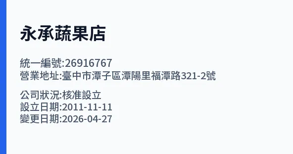 永承蔬果店的照片-統編 26916767(臺中市) 公司登記資料與營業項目詳細圖表