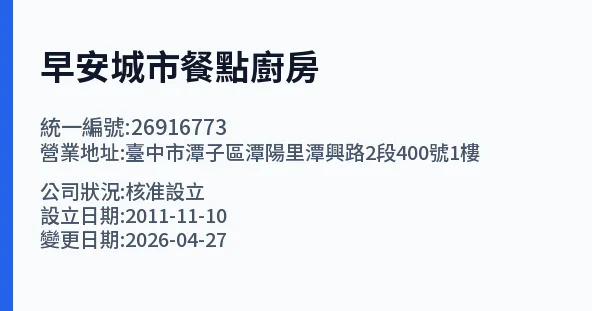 早安城市餐點廚房的照片-統編 26916773(臺中市) 公司登記資料與營業項目詳細圖表