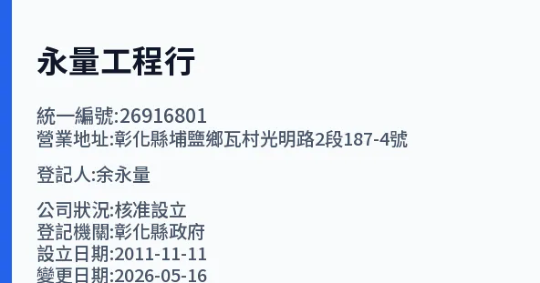 永量工程行的照片-統編 26916801(彰化縣) 公司登記資料與營業項目詳細圖表