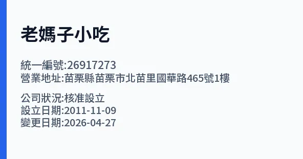 老媽子小吃的照片-統編 26917273(苗栗縣) 公司登記資料與營業項目詳細圖表