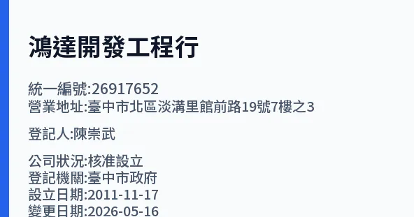 鴻達開發工程行的照片-統編 26917652(臺中市) 公司登記資料與營業項目詳細圖表