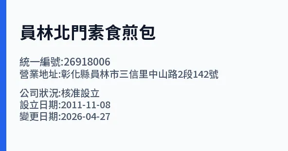員林北門素食煎包的照片-統編 26918006(彰化縣) 公司登記資料與營業項目詳細圖表