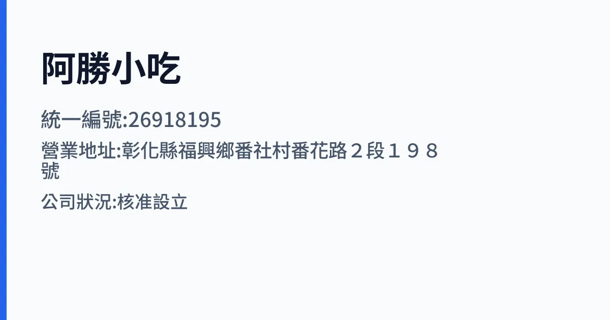 阿勝小吃 - 統編 26918195(彰化縣) 公司登記資料與營業項目詳細圖表