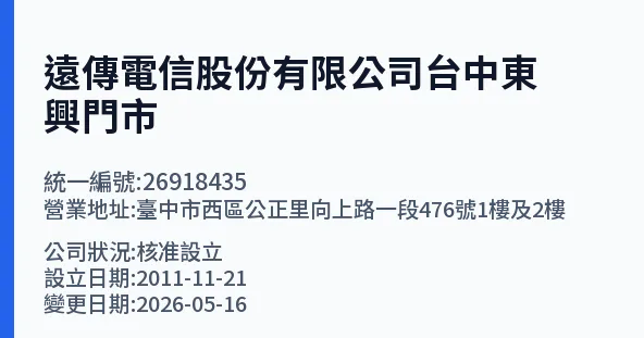 遠傳電信股份有限公司台中東興門市的照片-統編 26918435(臺中市) 公司登記資料與營業項目詳細圖表