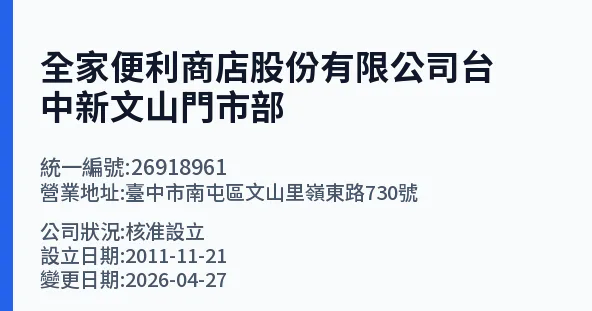 全家便利商店股份有限公司台中新文山門市部的照片-統編 26918961(臺中市) 公司登記資料與營業項目詳細圖表