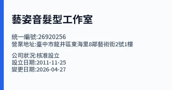 藝姿音髮型工作室的照片-統編 26920256(臺中市) 公司登記資料與營業項目詳細圖表
