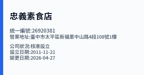 忠義素食店的照片-統編 26920381(臺中市) 公司登記資料與營業項目詳細圖表
