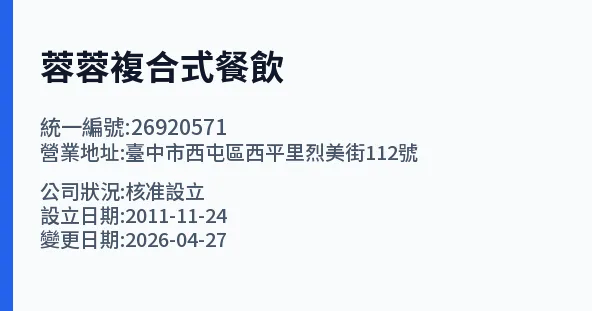 蓉蓉複合式餐飲的照片-統編 26920571(臺中市) 公司登記資料與營業項目詳細圖表
