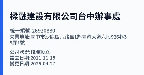樑融建設有限公司台中辦事處的照片-統編 26920880(臺中市) 公司登記資料與營業項目詳細圖表