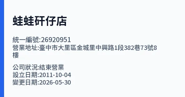 蛙蛙矸仔店的照片-統編 26920951(臺中市) 公司登記資料與營業項目詳細圖表