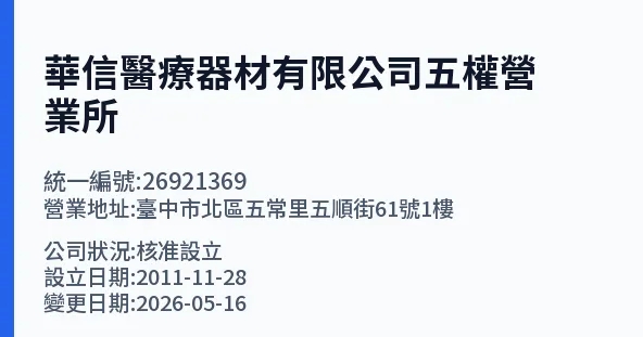 華信醫療器材有限公司五權營業所的照片-統編 26921369(臺中市) 公司登記資料與營業項目詳細圖表