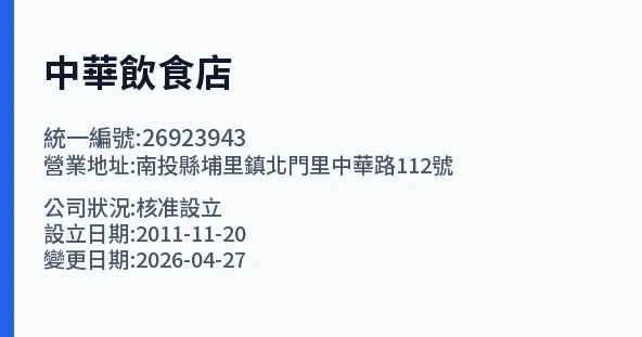 中華飲食店的照片-統編 26923943(南投縣) 公司登記資料與營業項目詳細圖表