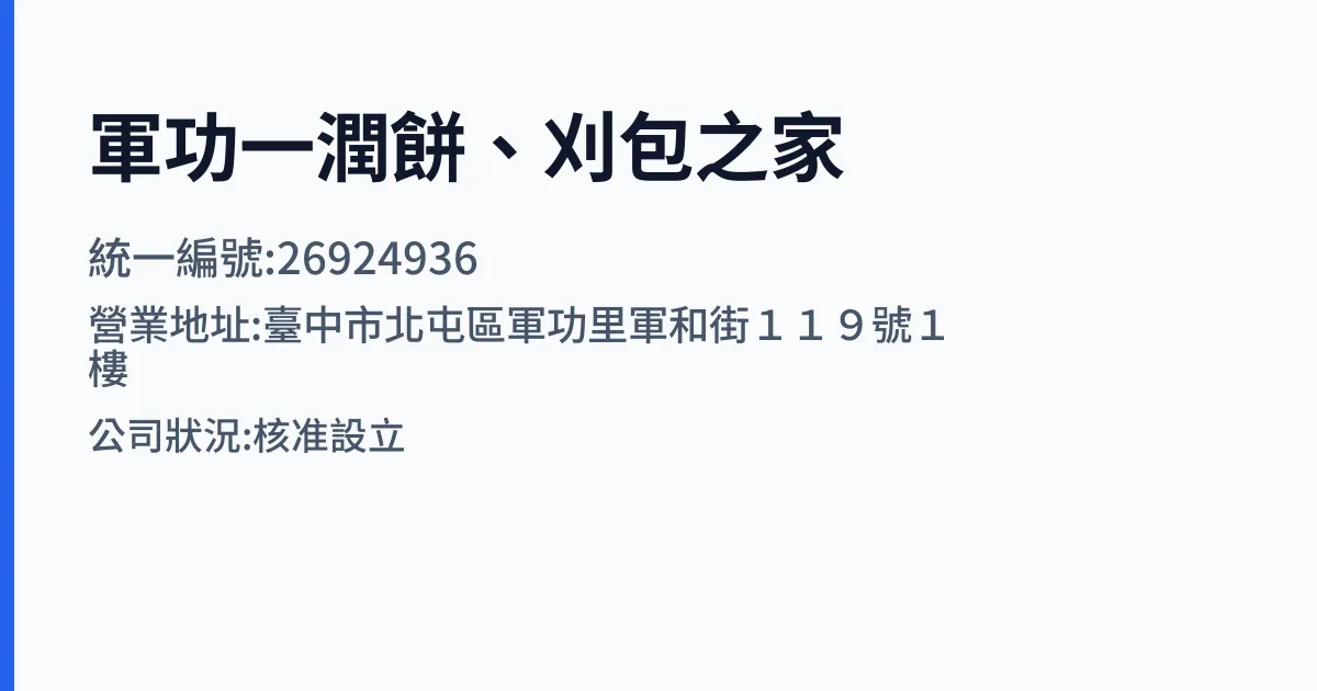 軍功一潤餅、刈包之家 - 統編 26924936(臺中市) 公司登記資料與營業項目詳細圖表