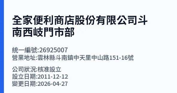全家便利商店股份有限公司斗南西岐門市部的照片-統編 26925007(雲林縣) 公司登記資料與營業項目詳細圖表