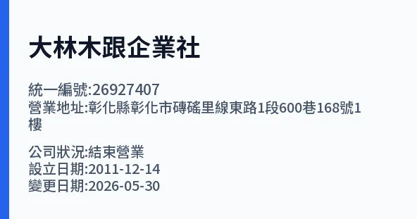 大林木跟企業社的照片-統編 26927407(彰化縣) 公司登記資料與營業項目詳細圖表