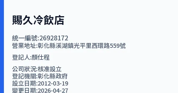賜久冷飲店的照片-統編 26928172(彰化縣) 公司登記資料與營業項目詳細圖表